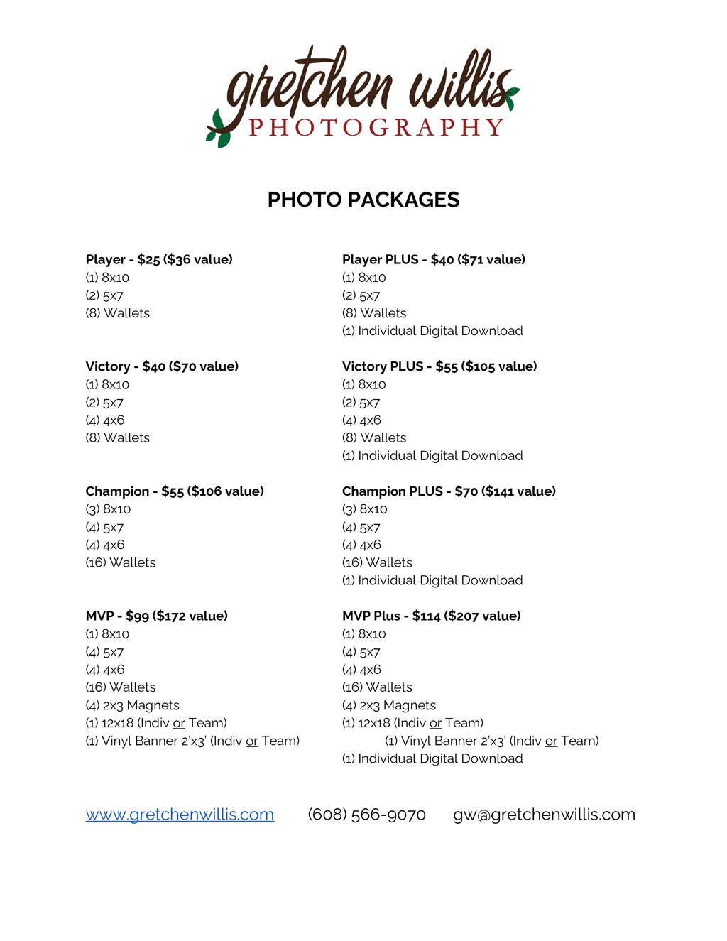SPORTS PHOTOS 2021 PRICING MENU Gretchen Willis Photography